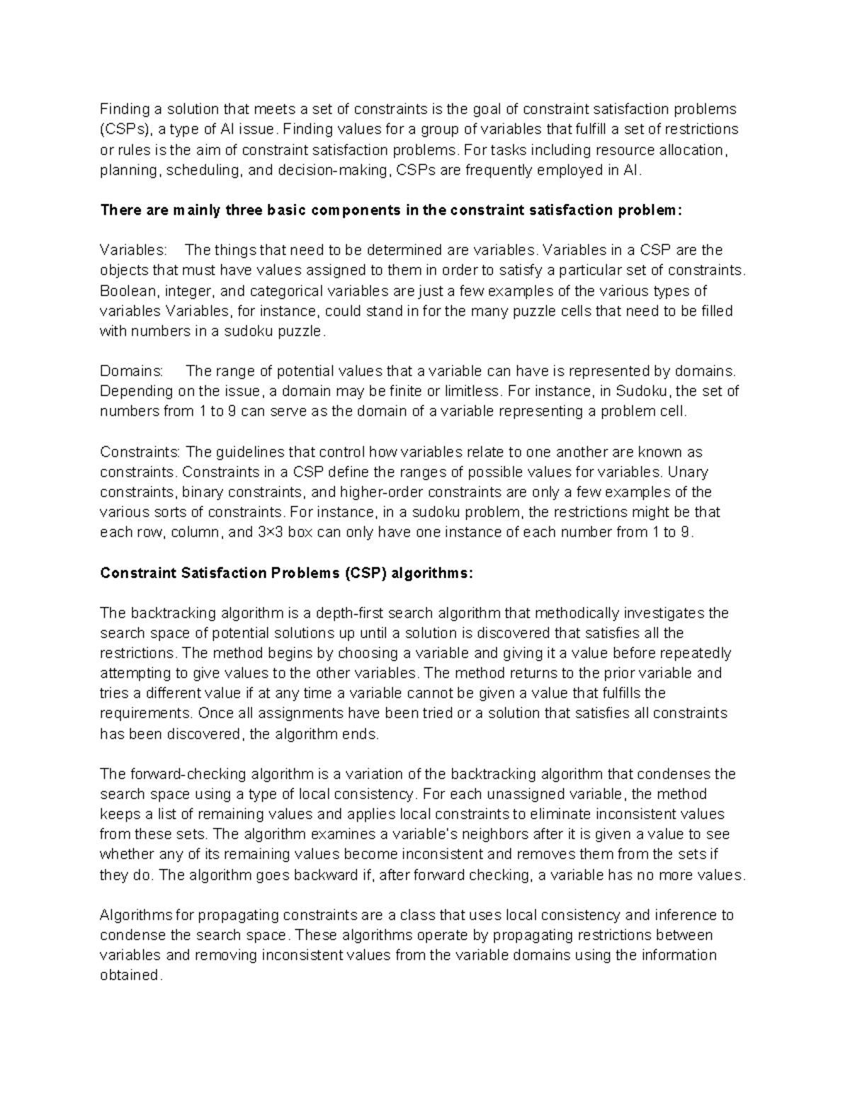 Csp Summary Artificial Intelligence Finding A Solution That Meets A Set Of Constraints Is