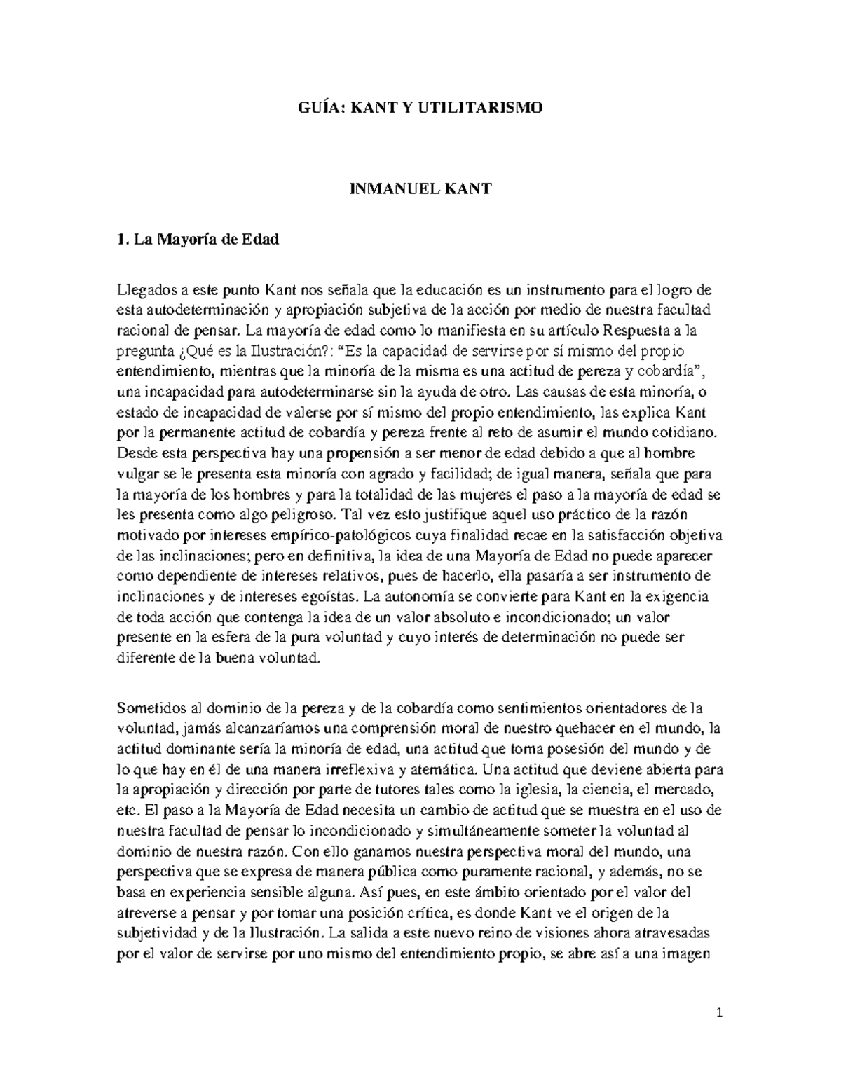 Lectura 2. Kant y el Utilitarismo - GUÍA: KANT Y UTILITARISMO INMANUEL ...