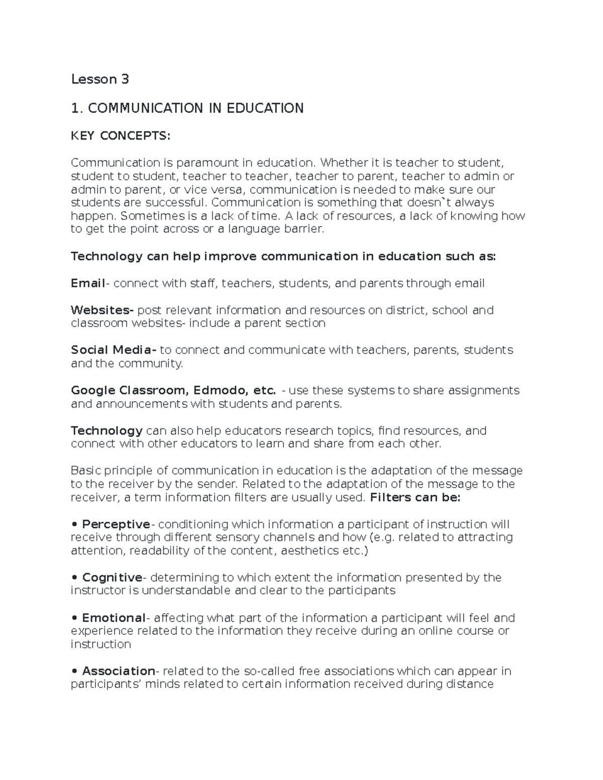 Lesson 3 - Lesson 3 1. COMMUNICATION IN EDUCATION KEY CONCEPTS ...