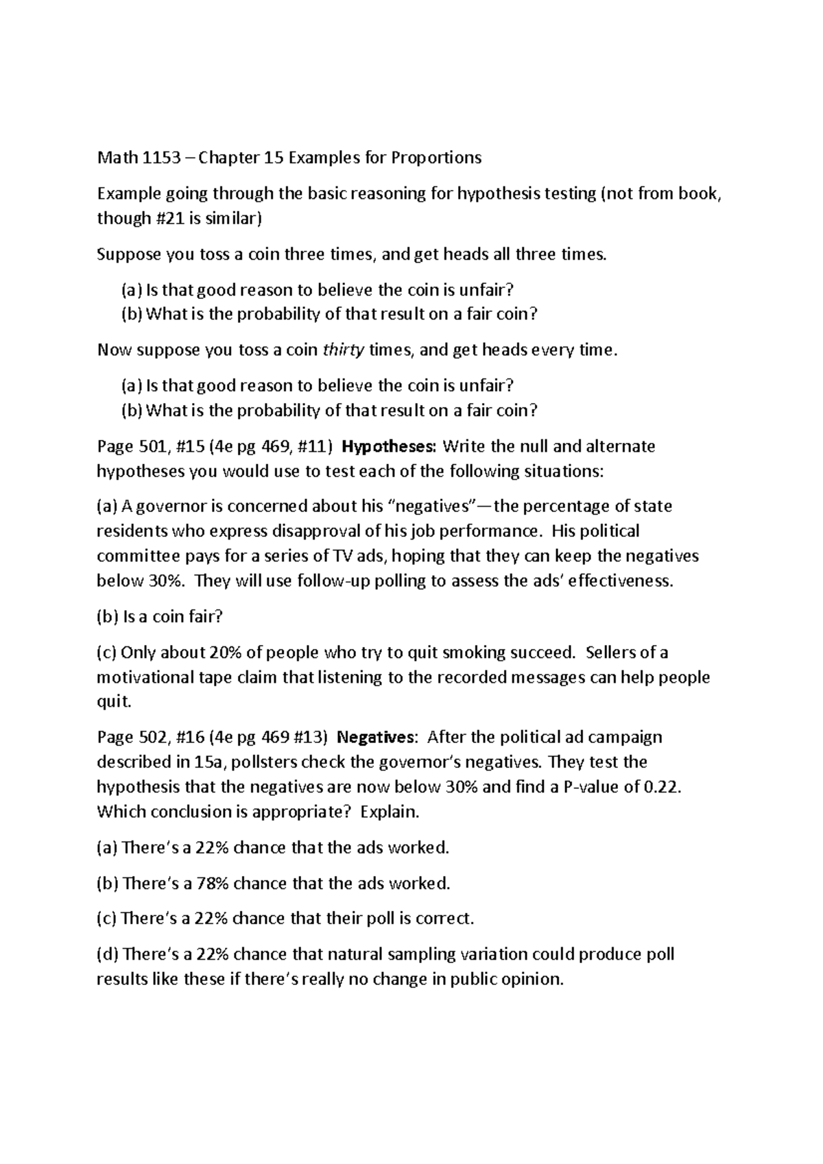 1153 Chapter 15 Examples I Proportions - Math 1153 – Chapter 15 ...