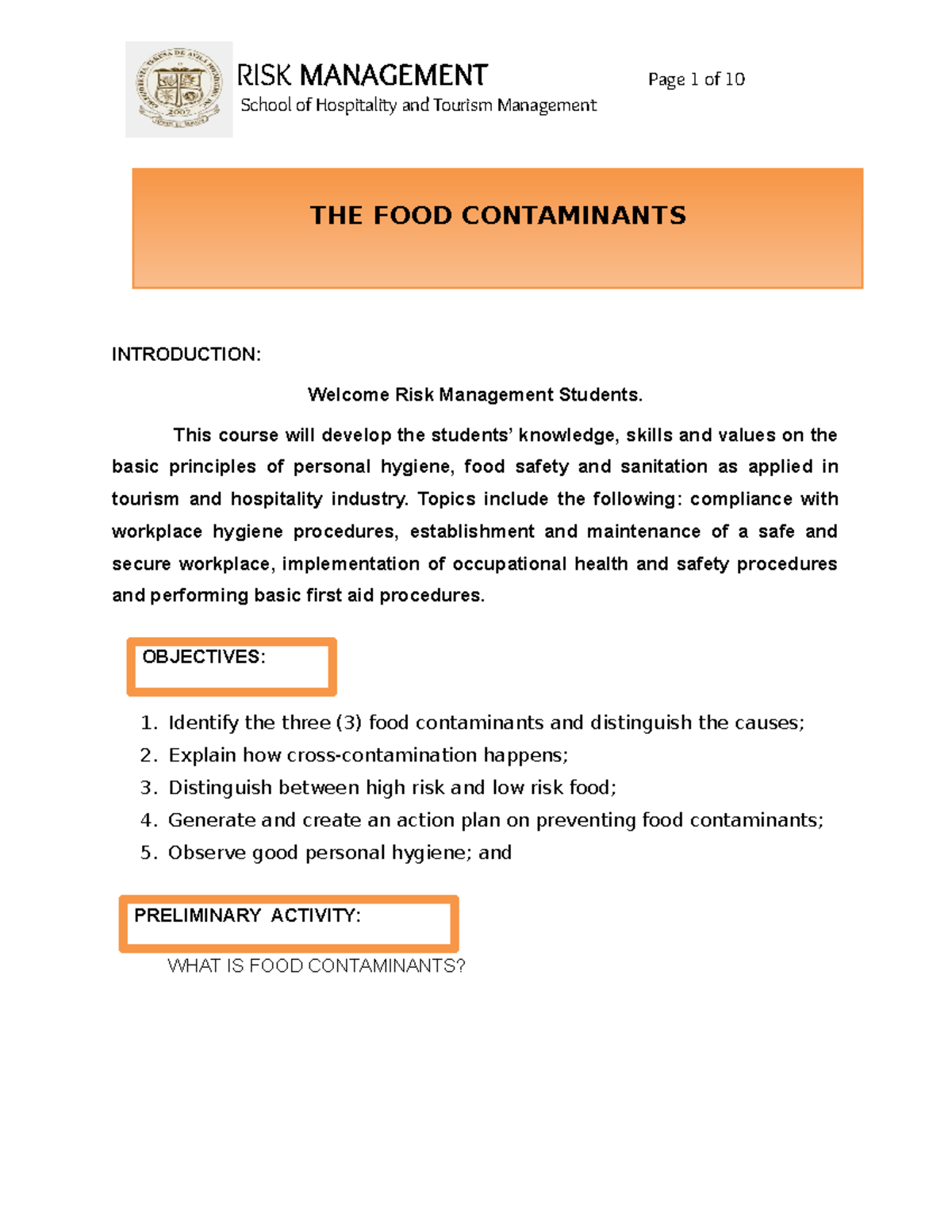 RISK Module 2 - goodluck - School of Hospitality and Tourism Management ...