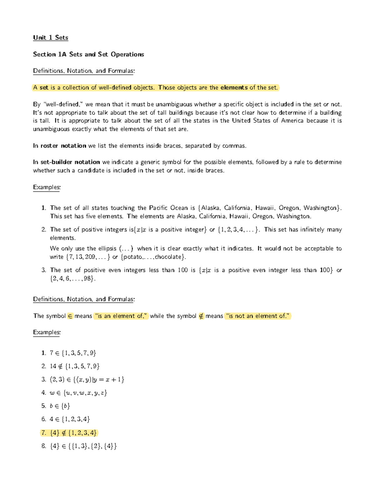 1 Chapter 11 Unit 1 Sets Section 1a Sets And Set Operations Definitions Notation And