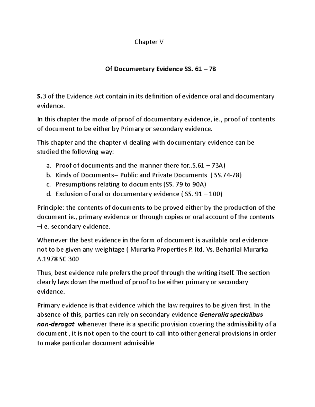 Chapter V - Evidence law Chap 5 - Chapter V Of Documentary Evidence SS ...