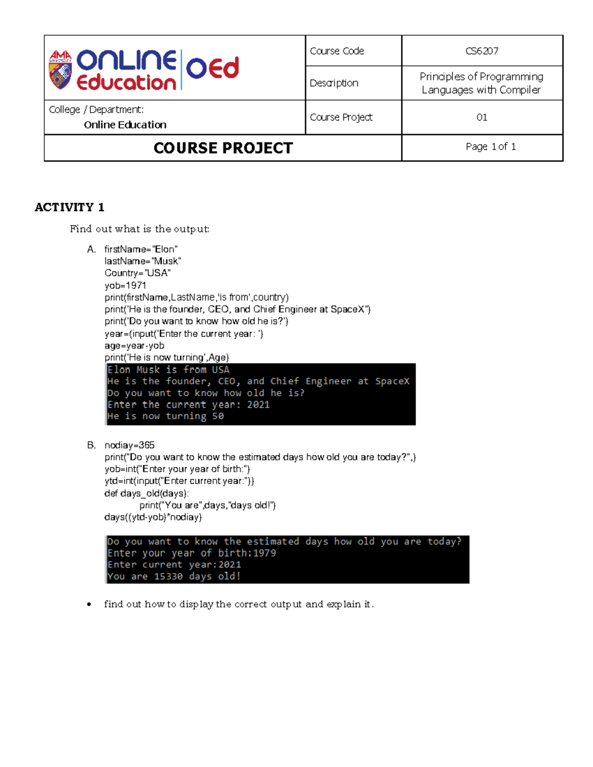 Course Project-CS6207-Principles of Programming Languages with Compiler - Course Code CS 6207 ...