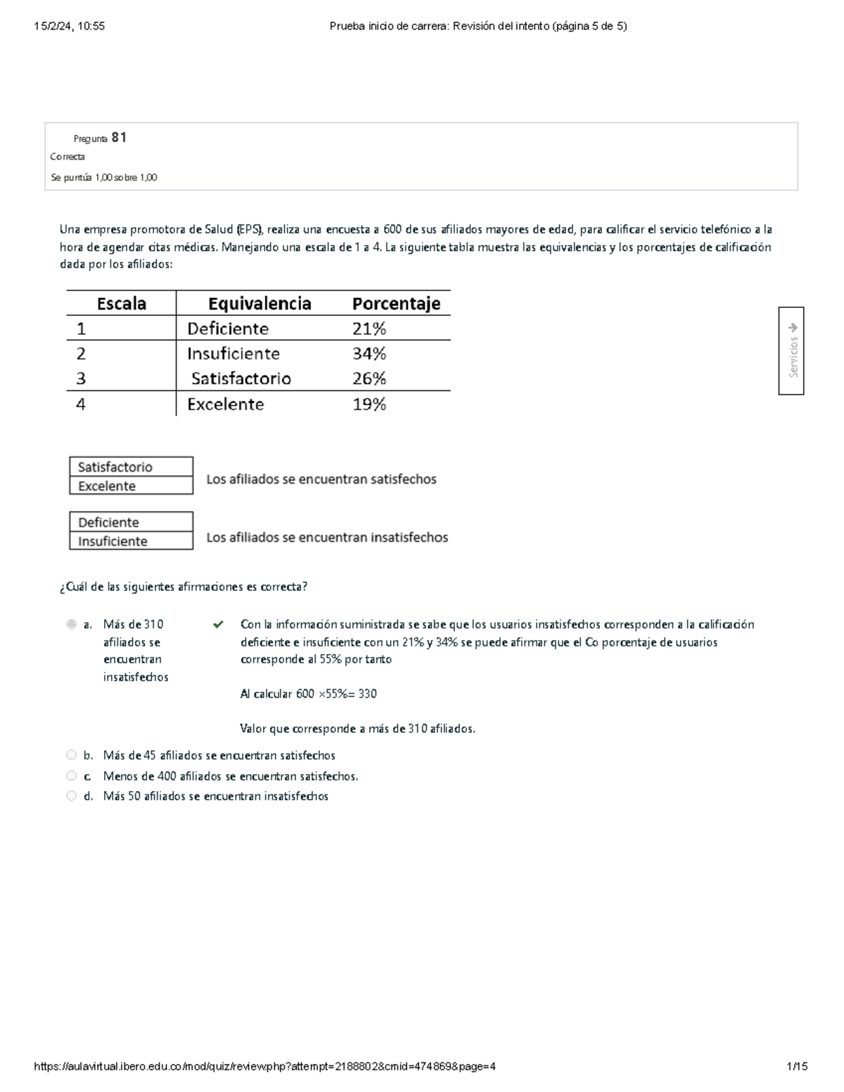 Prueba inicio de carrera 81- 100 - Pregunta 81 Correcta Se puntúa 1,00 sobre 1, Una empresa ...