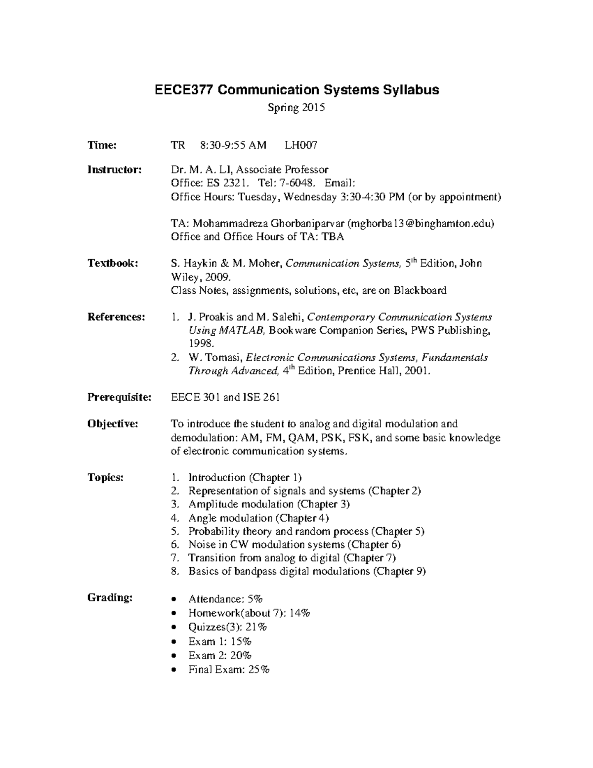 ECE377- Syllabus - EECE377 Communication Systems Syllabus Spring 2015 ...