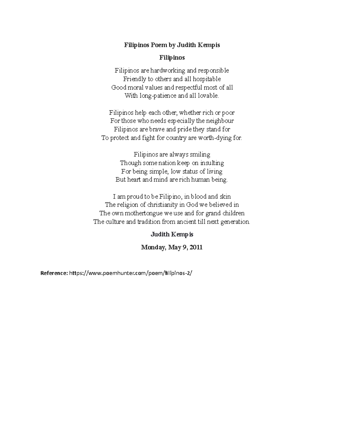 IPP-Tula - Tula - Filipinos Poem by Judith Kempis Filipinos Filipinos are hardworking and - Studocu