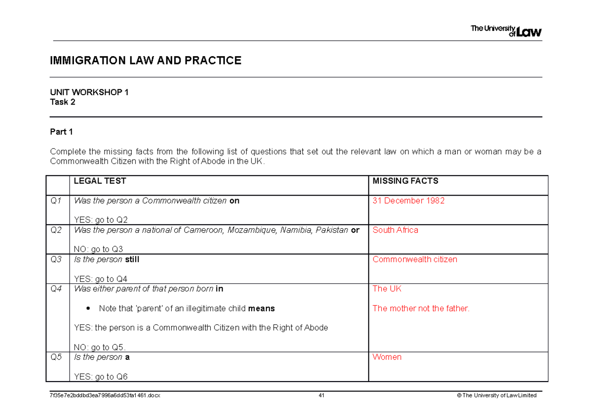 Immigration Law WS 1 Task 2 - IMMIGRATION LAW AND PRACTICE UNIT ...