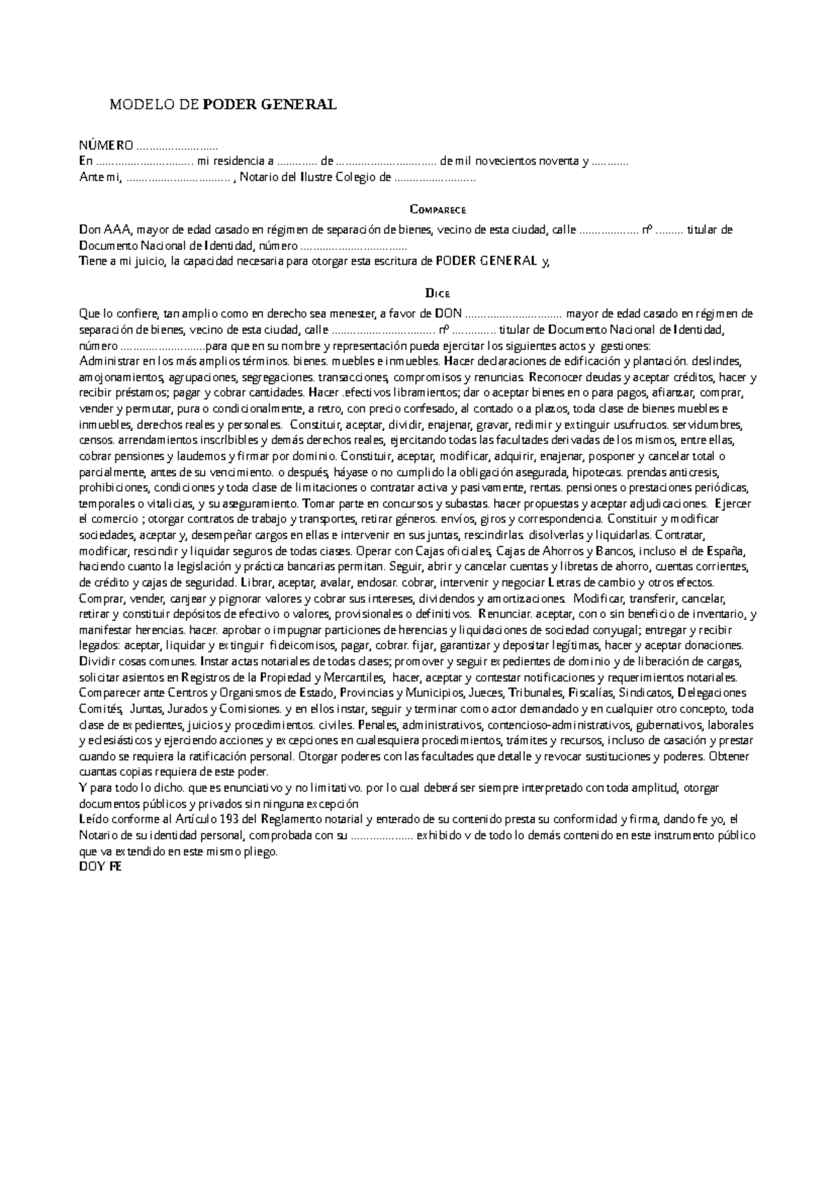 Modelo poder general - Resum Derecho Administrativo I - NÚMERO