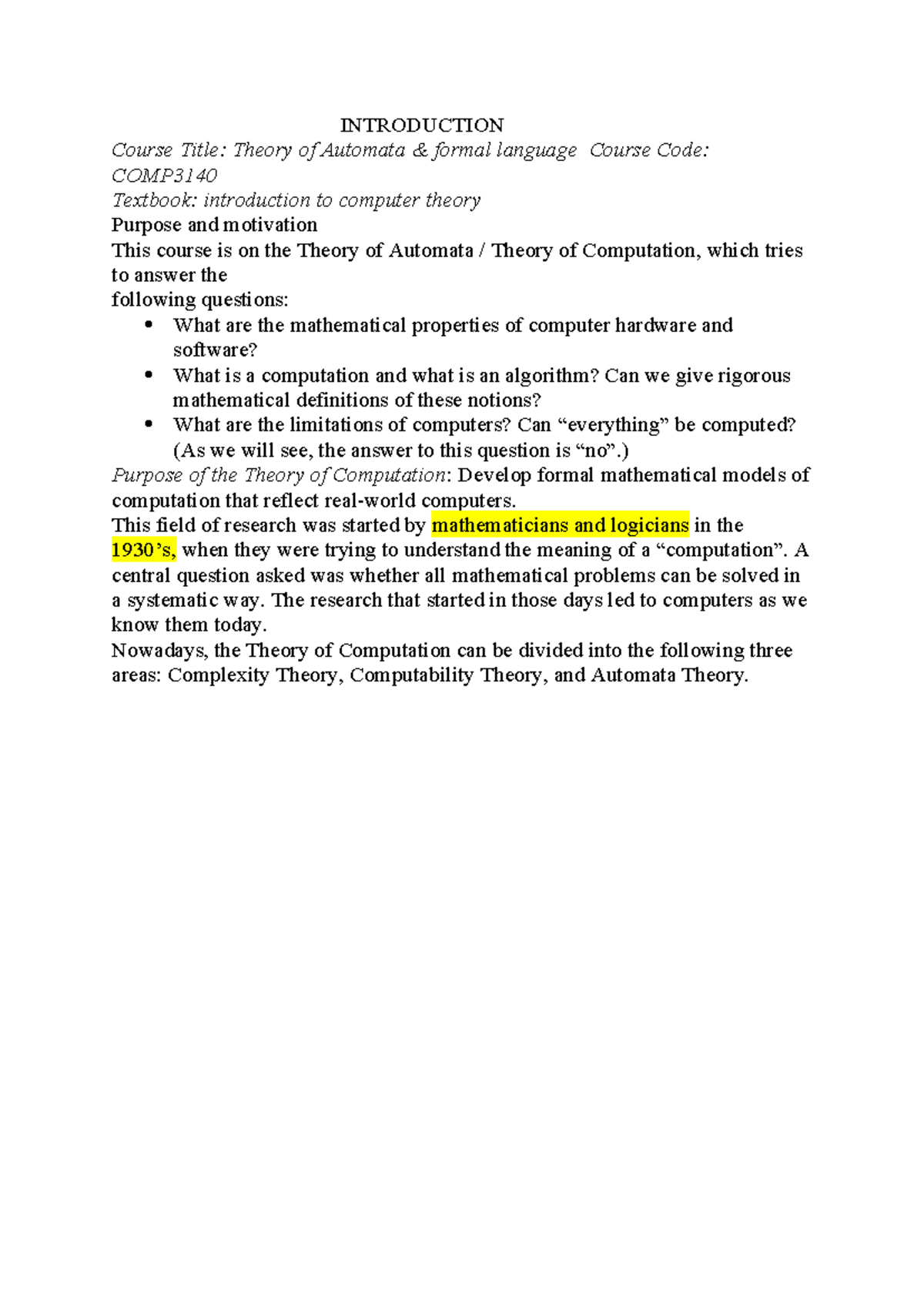 Automata 1 Introduction - INTRODUCTION Course Title: Theory of Automata ...