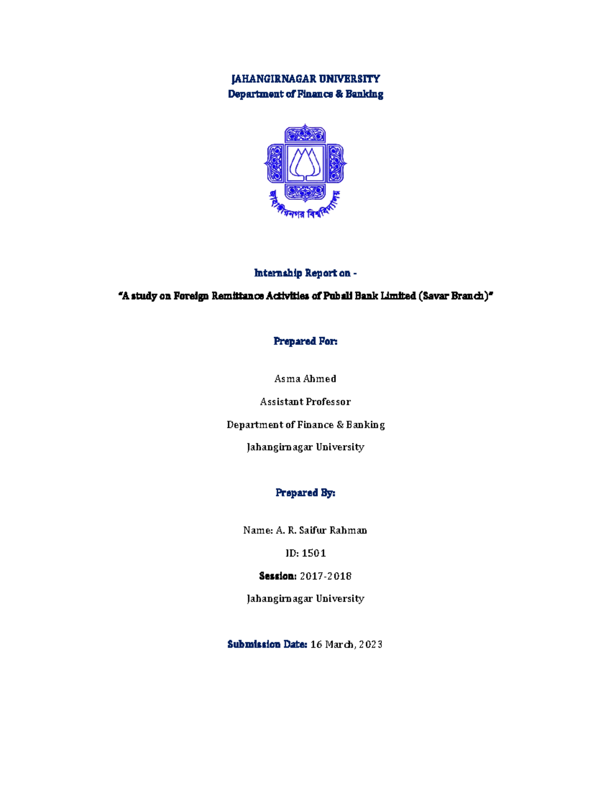 Foreign remmitance report - JAHANGIRNAGAR UNIVERSITY Department of ...