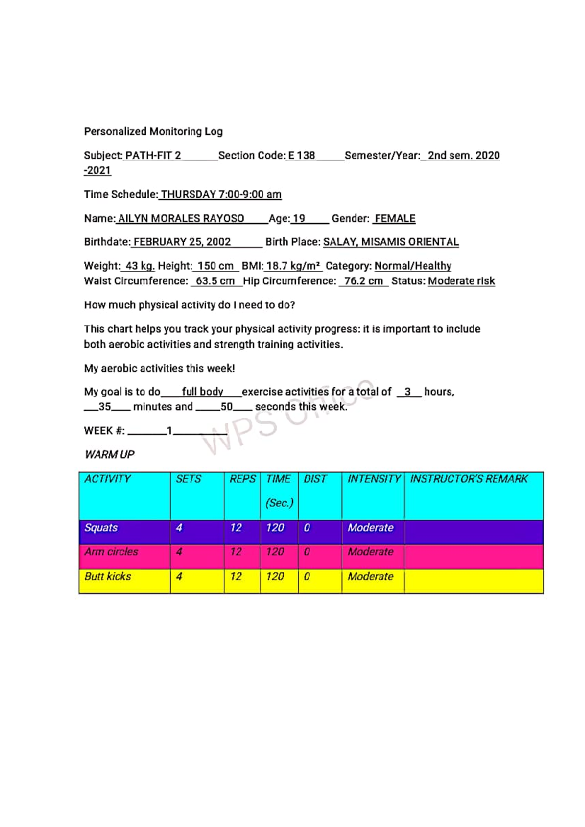 PE Personalized Monitoring LOG - PATH-FIT 2 (Fitness Exercises) - Studocu