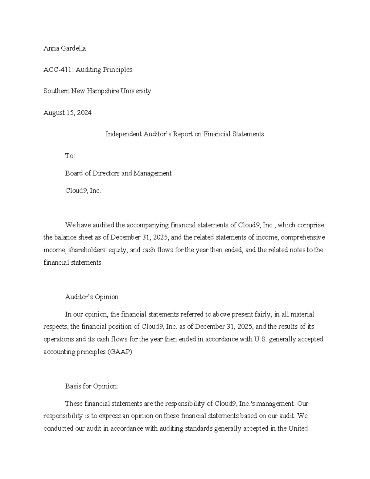 ACC-411 Project Three Financial Statement Audit Report - Anna Gardella ...