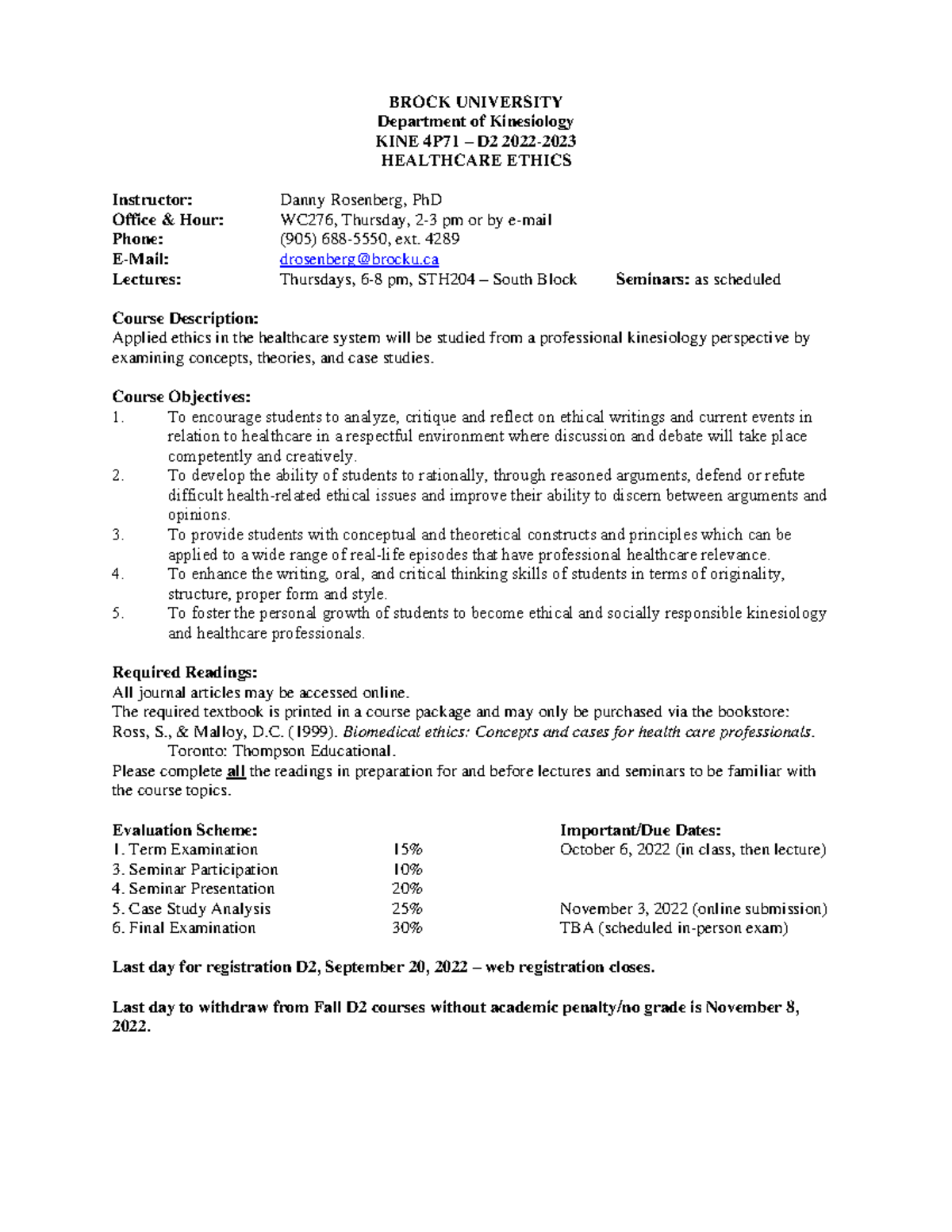 KINE 4P71 Outline 2022 - BROCK UNIVERSITY Department of Kinesiology ...