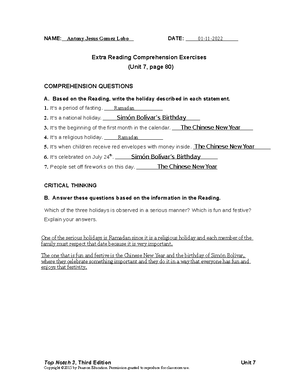 UNIT 7 Reading Comprehension - NAME: DATE: Extra Reading Comprehension Exercises (Unit 7, page ...
