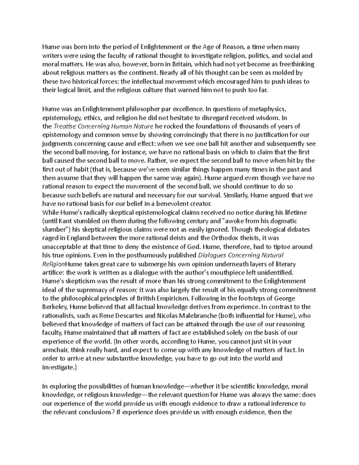Philosophy 265 - Lecture Notes - Hume was born into the period of ...