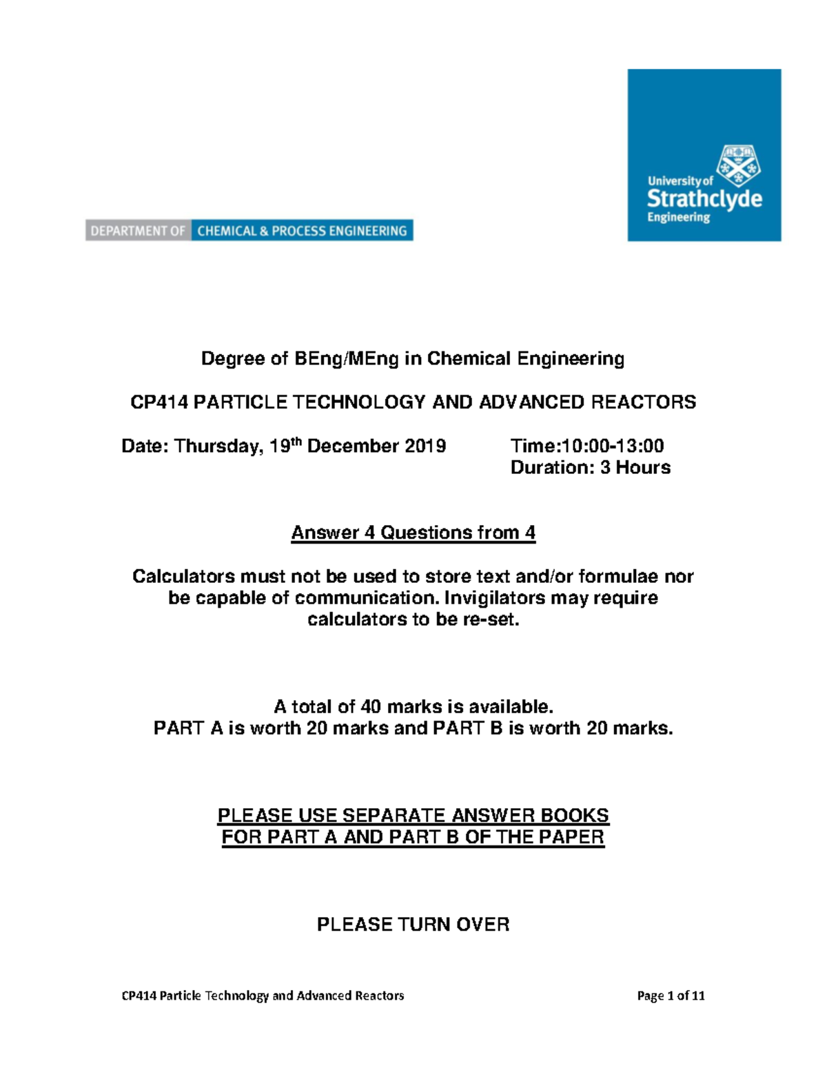 CP414 Exam 2021 - Degree of BEng/MEng in Chemical Engineering CP 414 ...