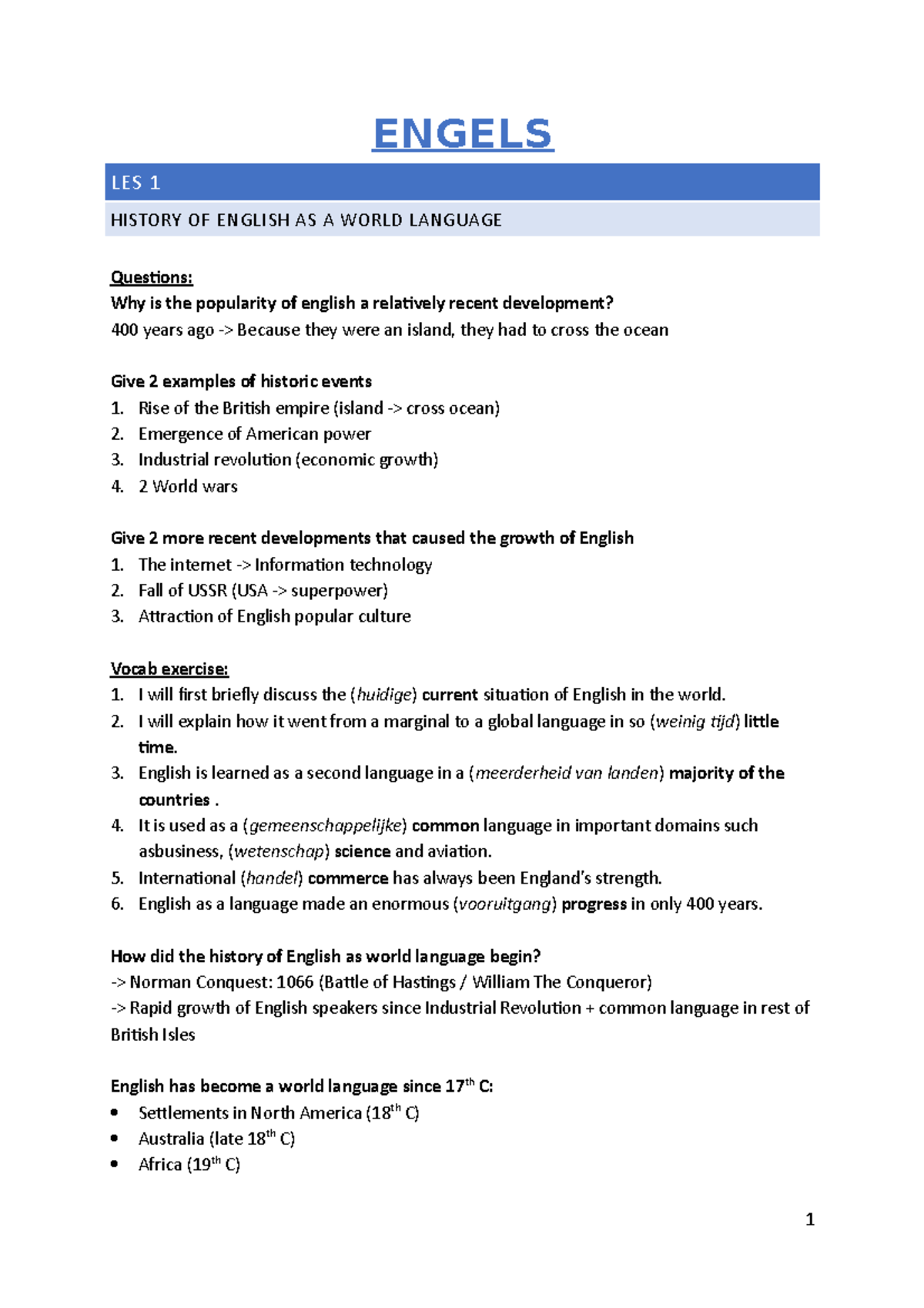 Engels 4 - ENGELS LES 1 HISTORY OF ENGLISH AS A WORLD LANGUAGE ...