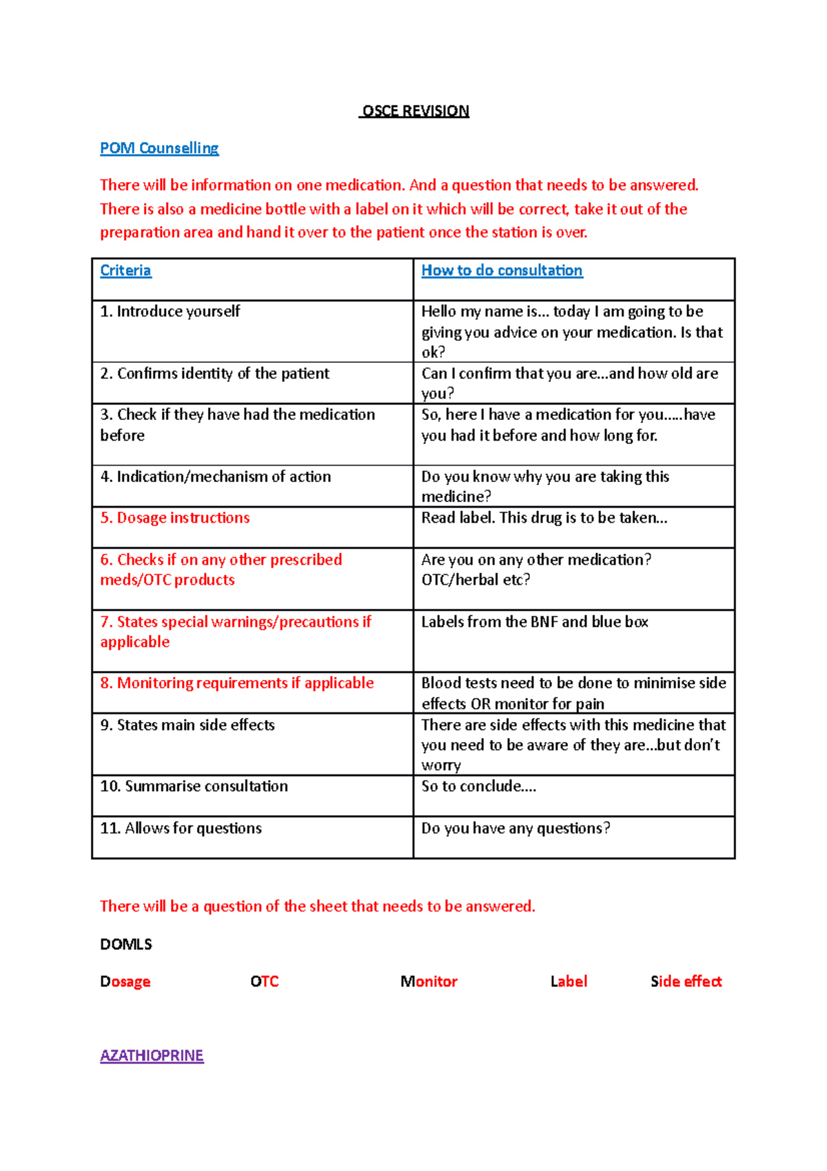 OSCE Revision MPH322 - OSCE REVISION POM Counselling There will be ...