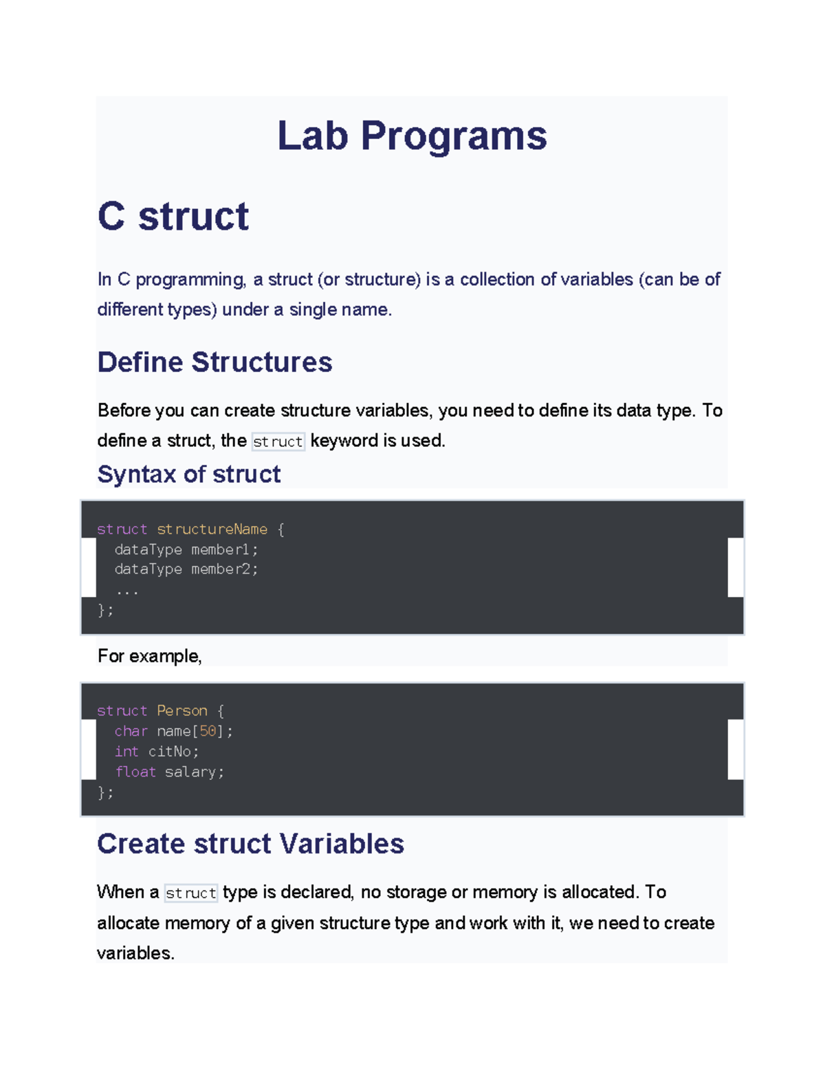 DS lab Obervation Programs - Lab Programs C struct In C programming, a ...