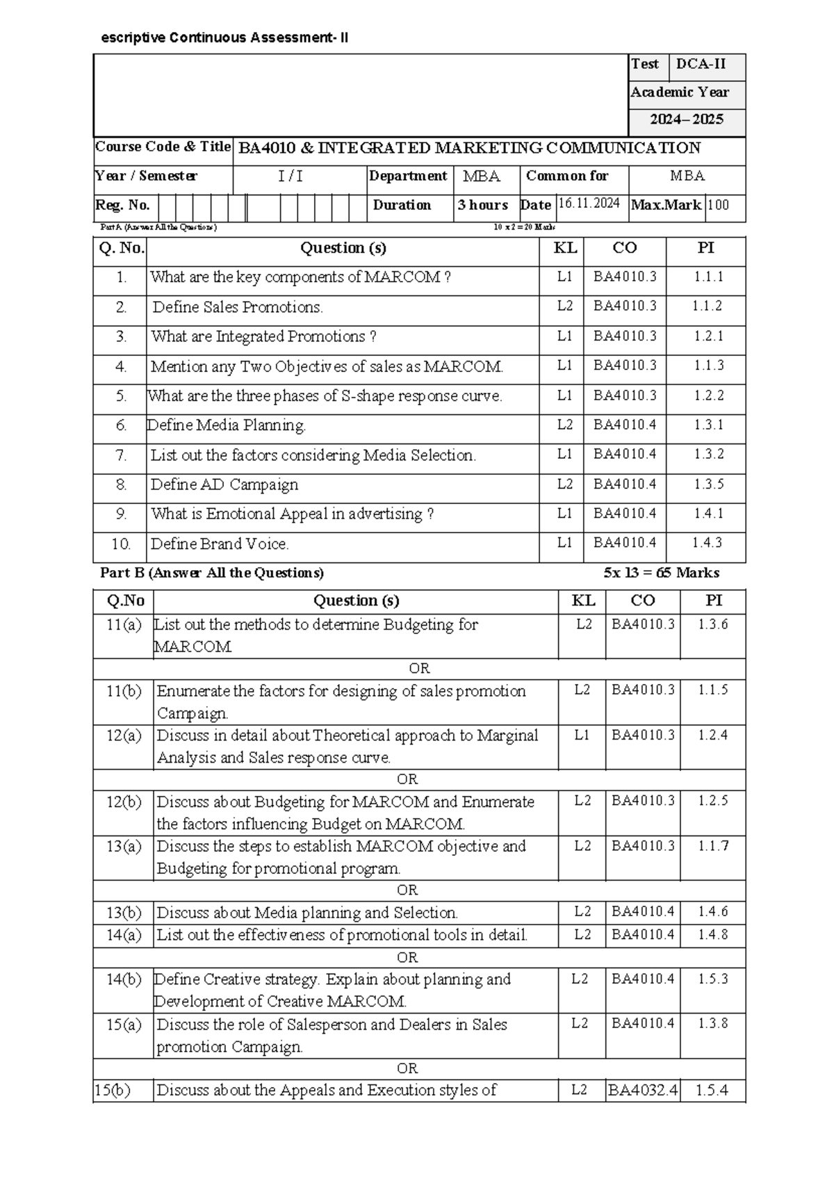IMC- DCA 2 - question paper - escriptive Continuous Assessment- II Test ...