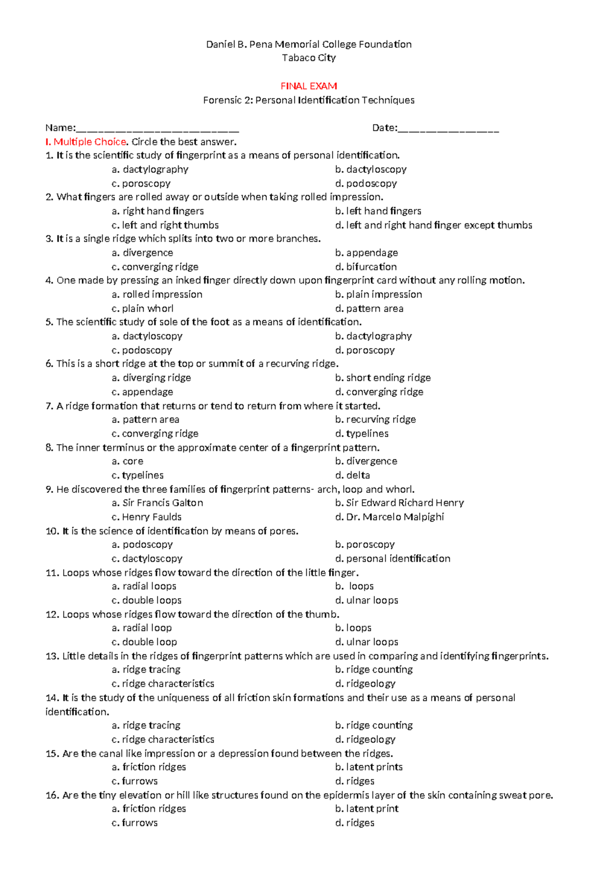 Final exam Forensic 2 (Myla) - Daniel B. Pena Memorial College ...