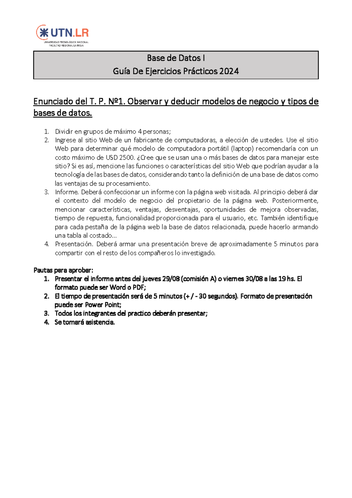 Gu Ã a de trabajos pr Ã¡cticos BDI 2024 4 - Base de Datos I Guía De Ejercicios Prácticos 202 4 ...