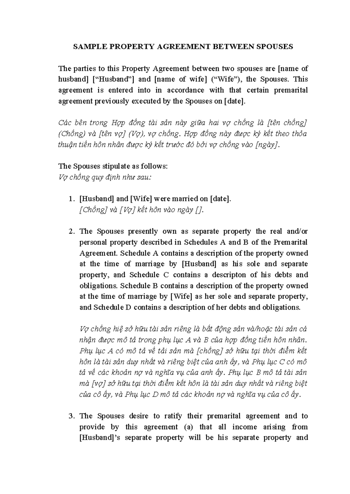 Hợp đồng hôn nhân ESP - good - SAMPLE PROPERTY AGREEMENT BETWEEN ...
