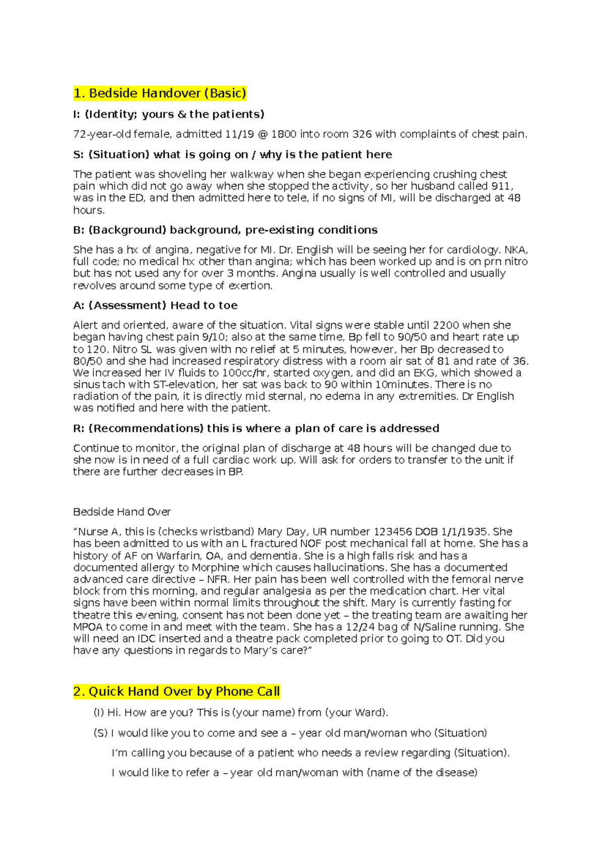Isbar for practice - 1. Bedside Handover (Basic) I: (Identity; yours ...