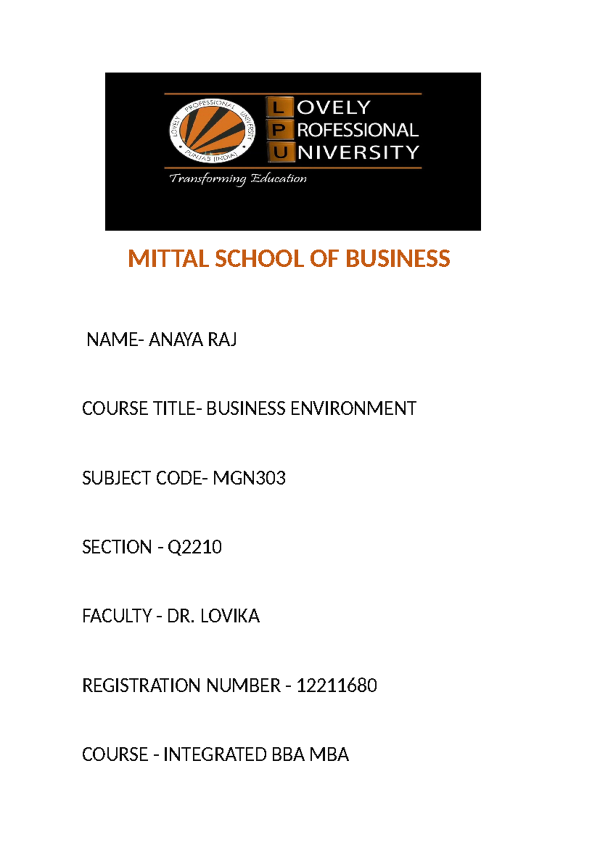MGN303 Anaya - assignment of business environment - MITTAL SCHOOL OF BUSINESS NAME- ANAYA RAJ ...