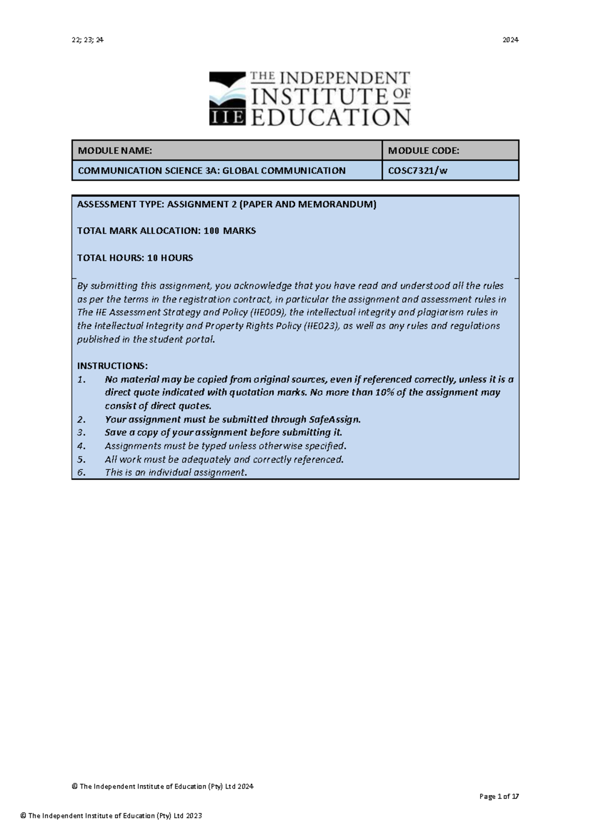 COSC7321 w 3A - Assignment 2 240516 192612 - © The Independent ...