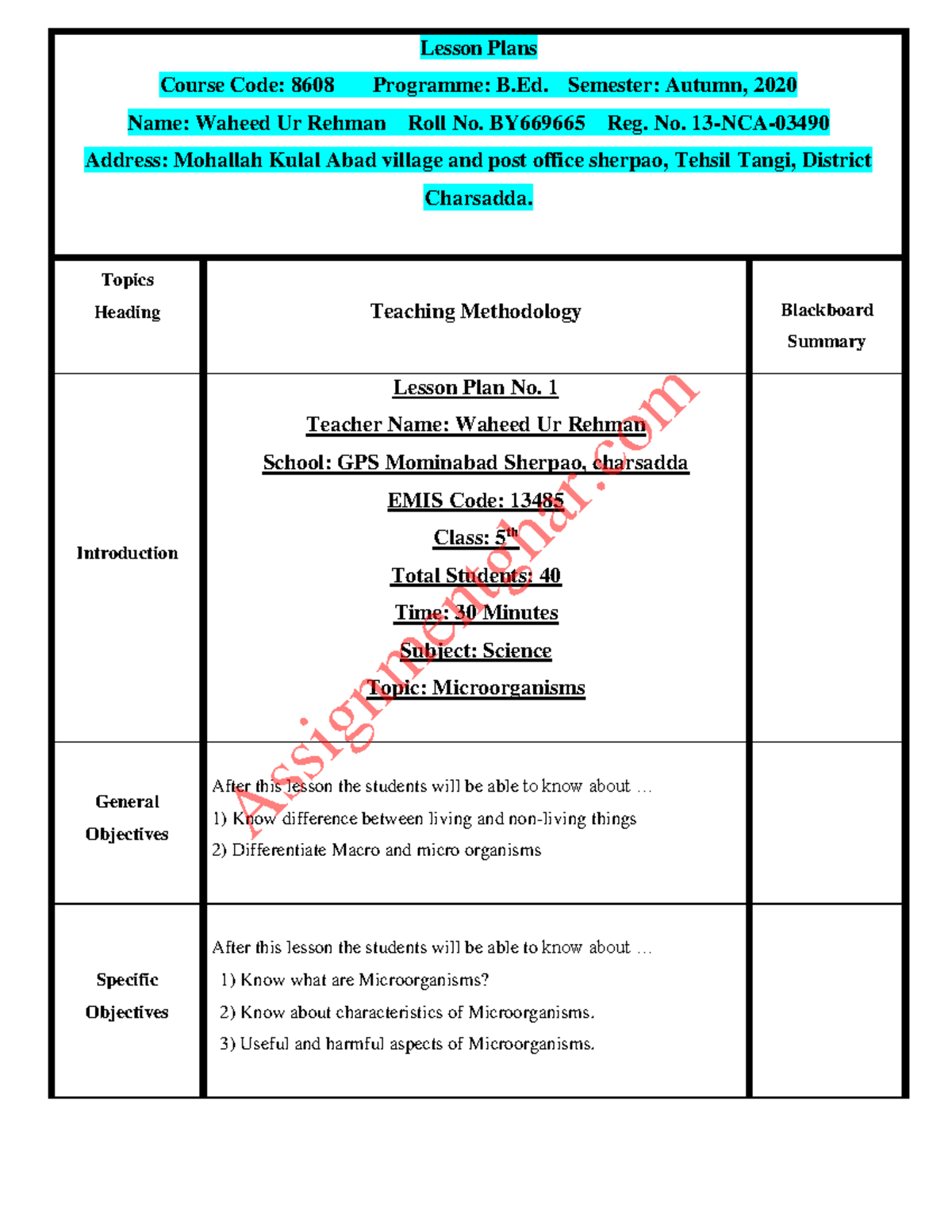 Wtmk 40 Lesson Plans-1 - Lesson Plans Course Code: 8608 Programme: B ...