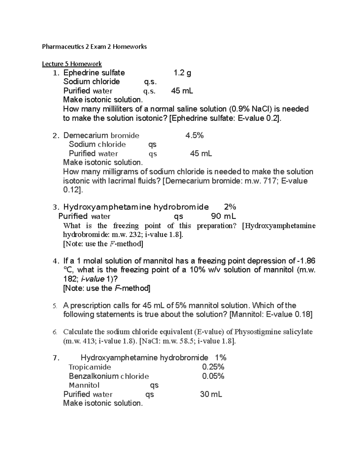 Pharmaceutics 2 Exam 2 Homeworks - Pharmaceutics 2 Exam 2 Homeworks Lecture 5 Homework 1 ...