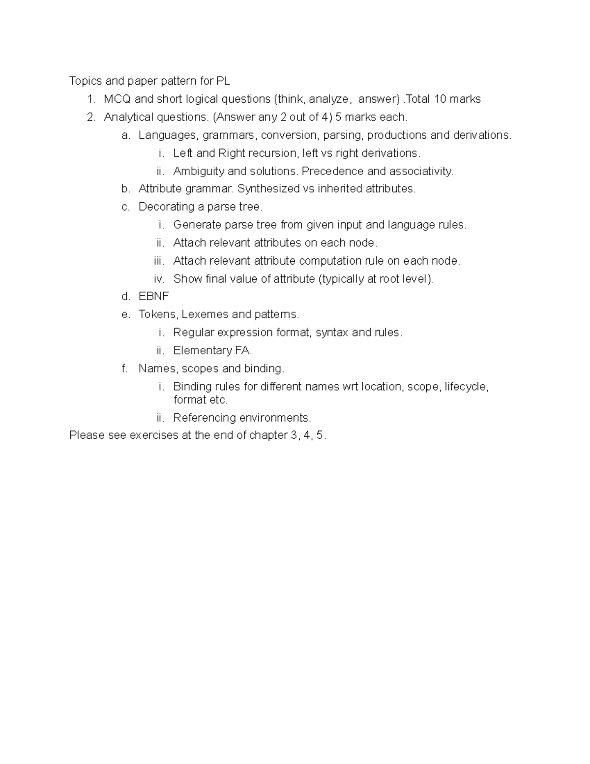 Topics and paper pattern for PL Mid - MCQ and short logical questions ...