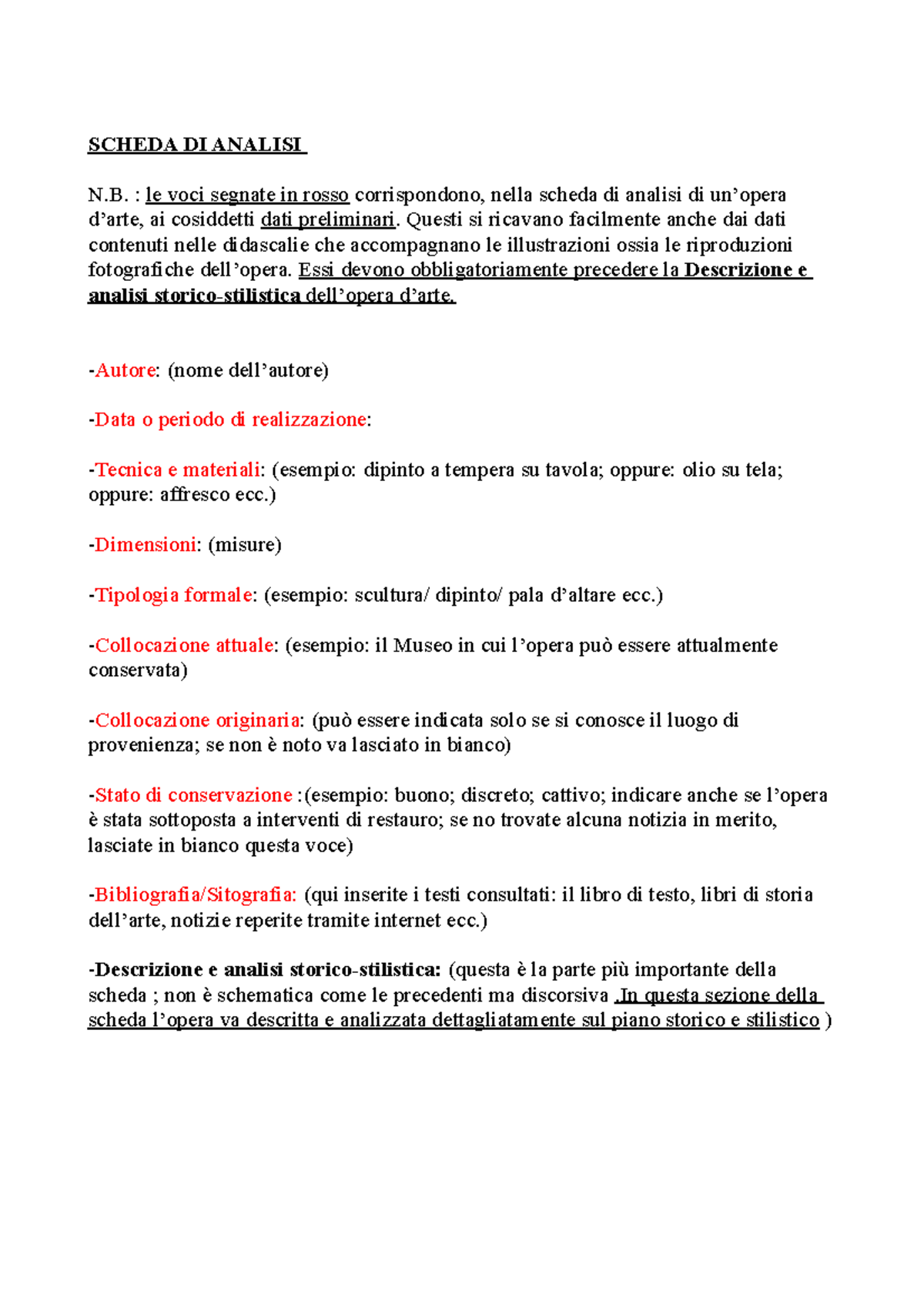 Scheda di analisi opera d'arte - SCHEDA DI ANALISI N. : le voci segnate ...