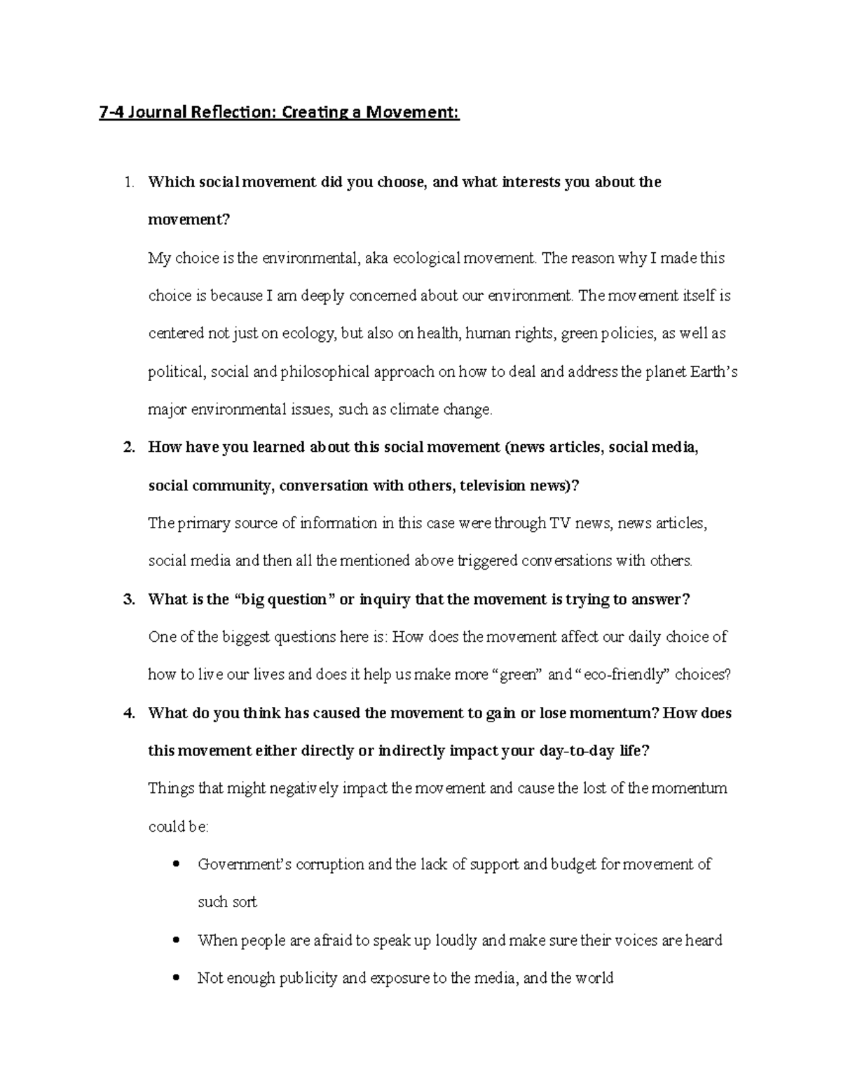 7-4 Journal Reflection - Creating a Movement - 7-4 Journal Reflection ...