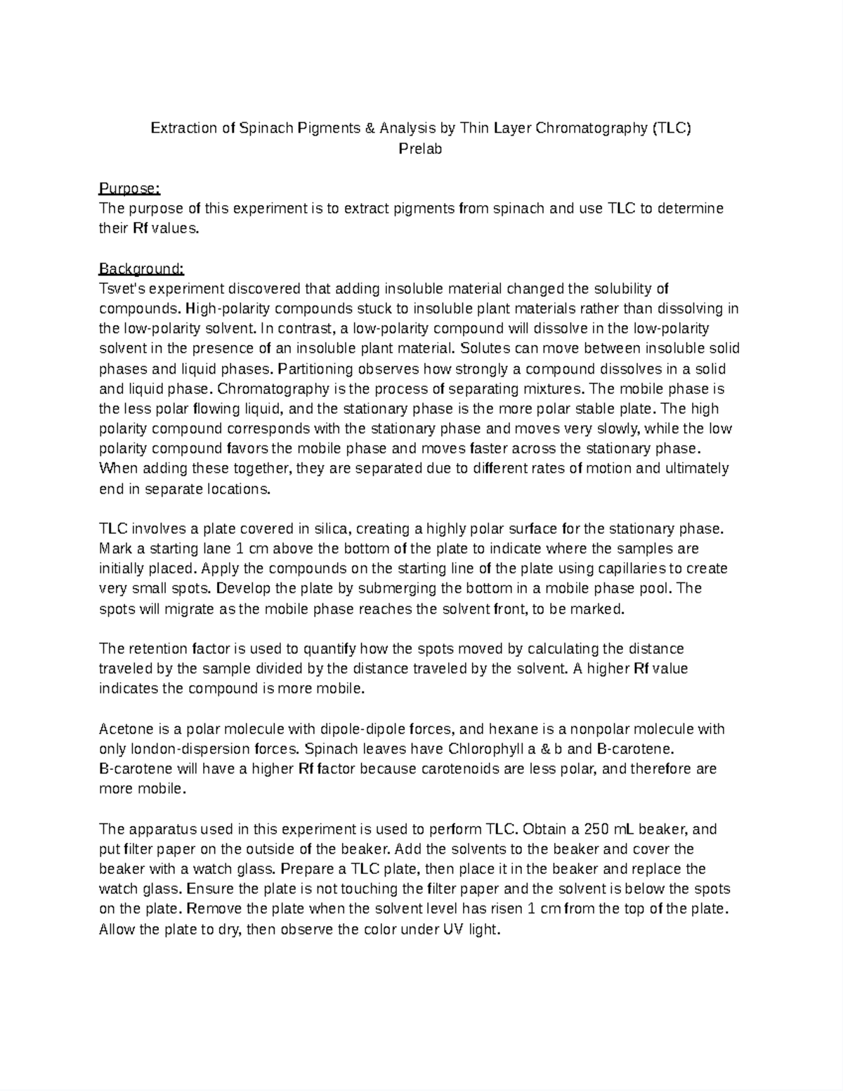 Extraction by TLC - Extraction of Spinach Pigments & Analysis by Thin ...