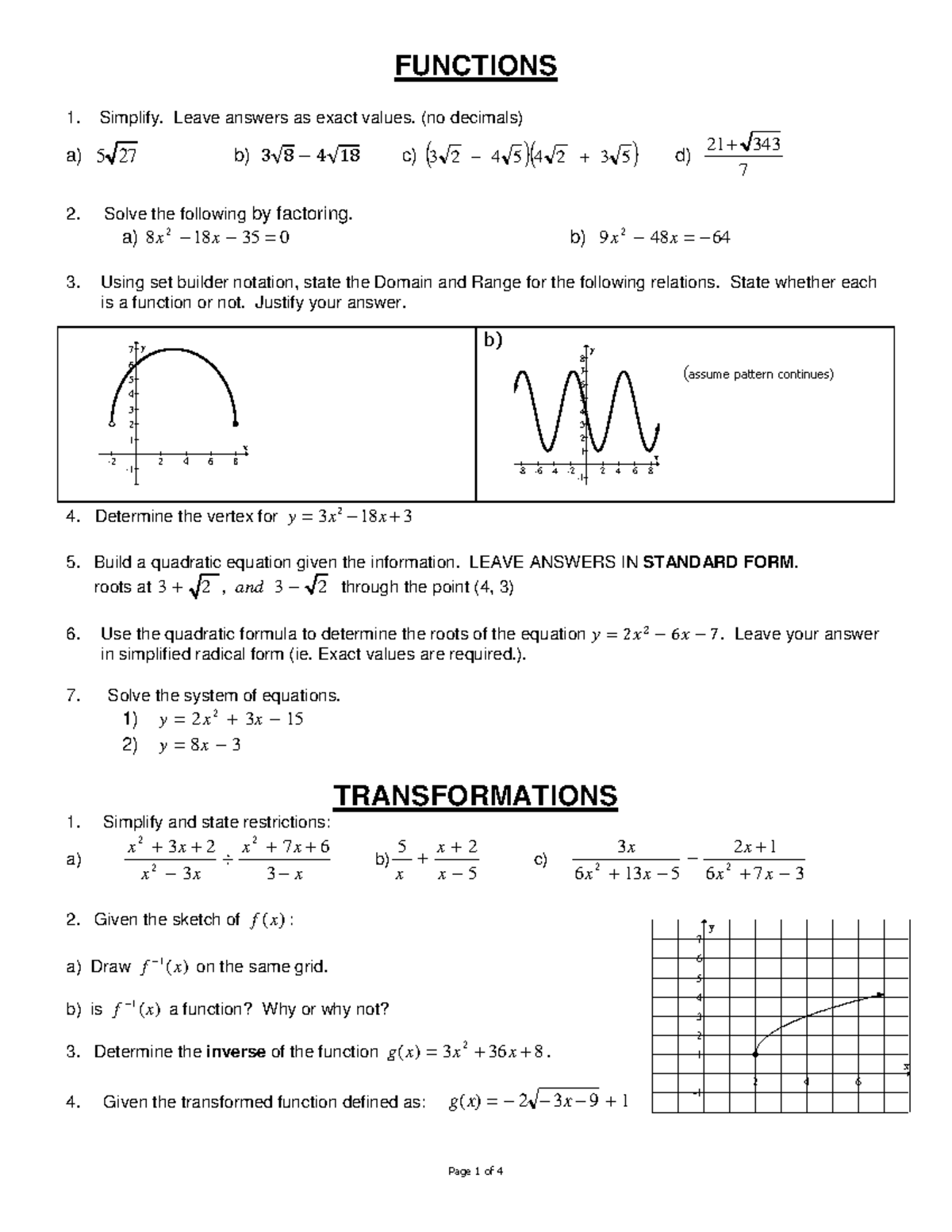 MCR3U Review - FUNCTIONS 1. Simplify. Leave answers as exact values ...