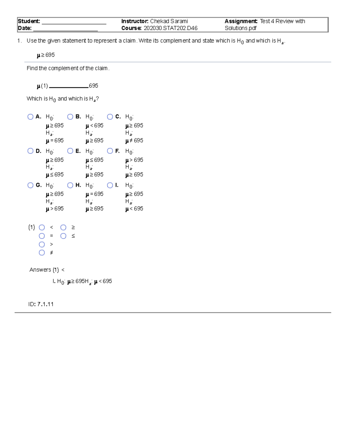 Statistics 202 Test 4 Review with Solution - 1. Student ...