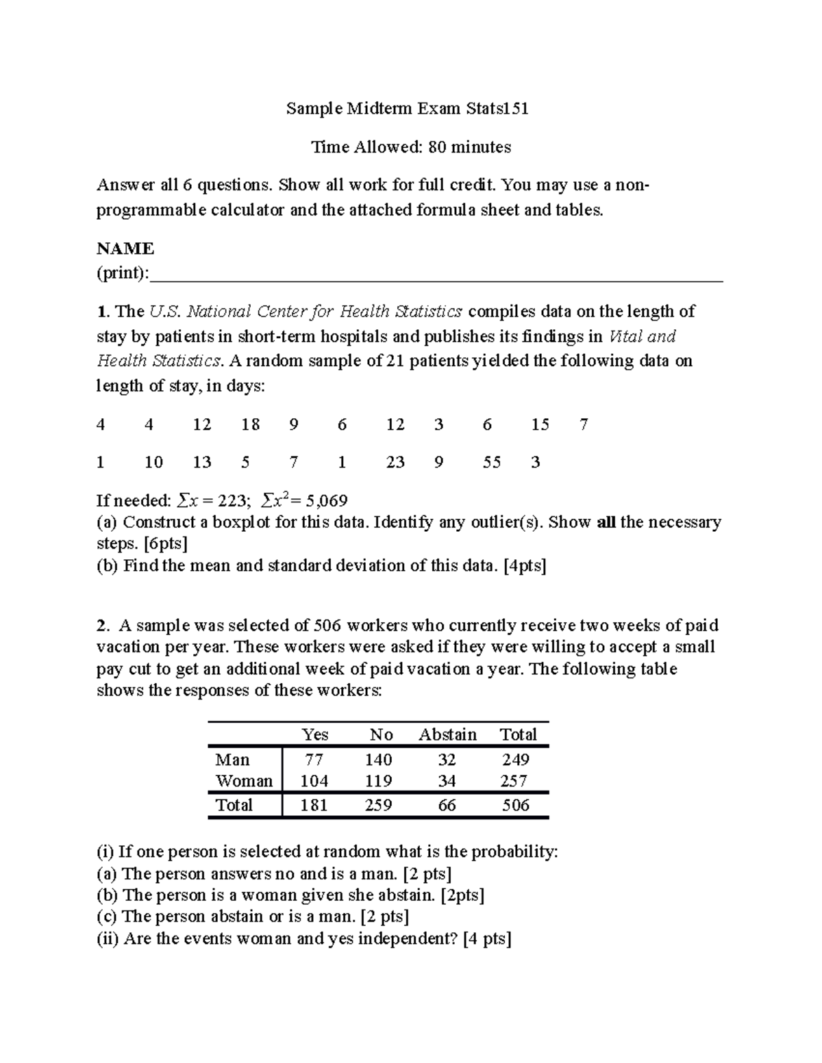 Midterm 17 March 2018, questions - Sample Midterm Exam Stats Time ...