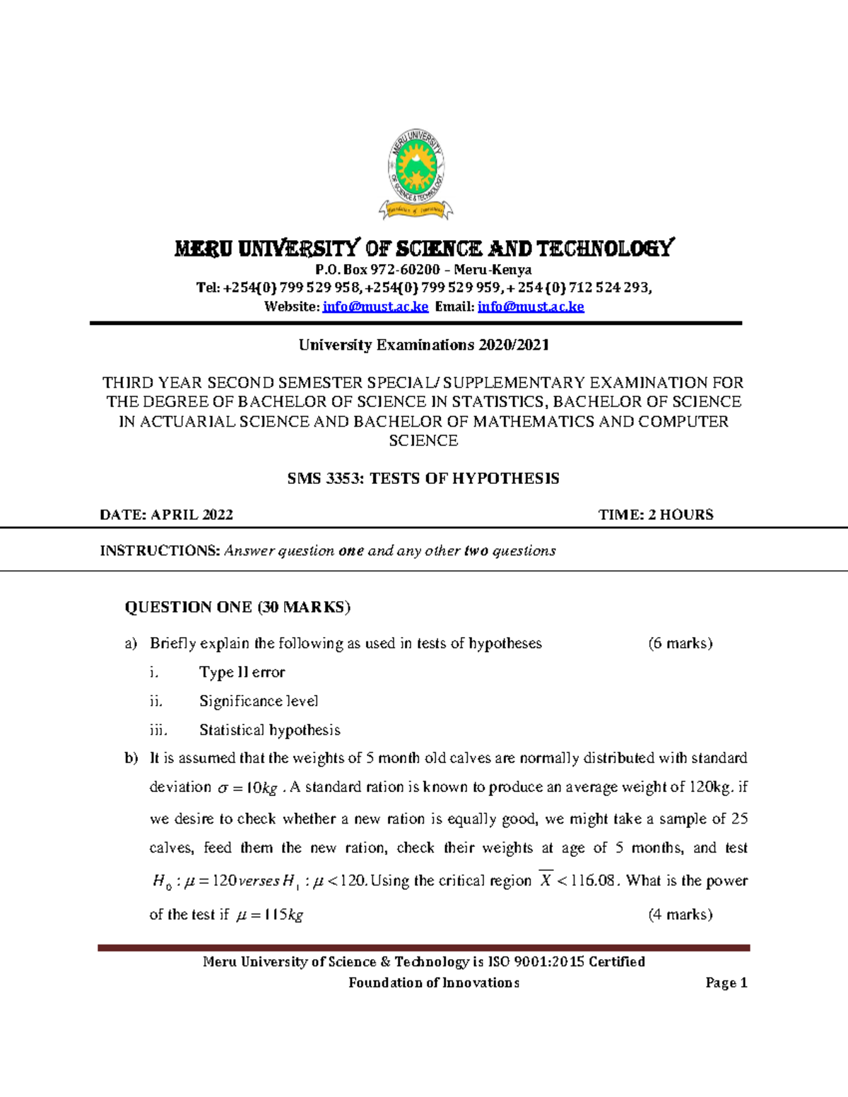 SMS 3353 Tests OF Hypothesis 2 - Meru University of Science ...