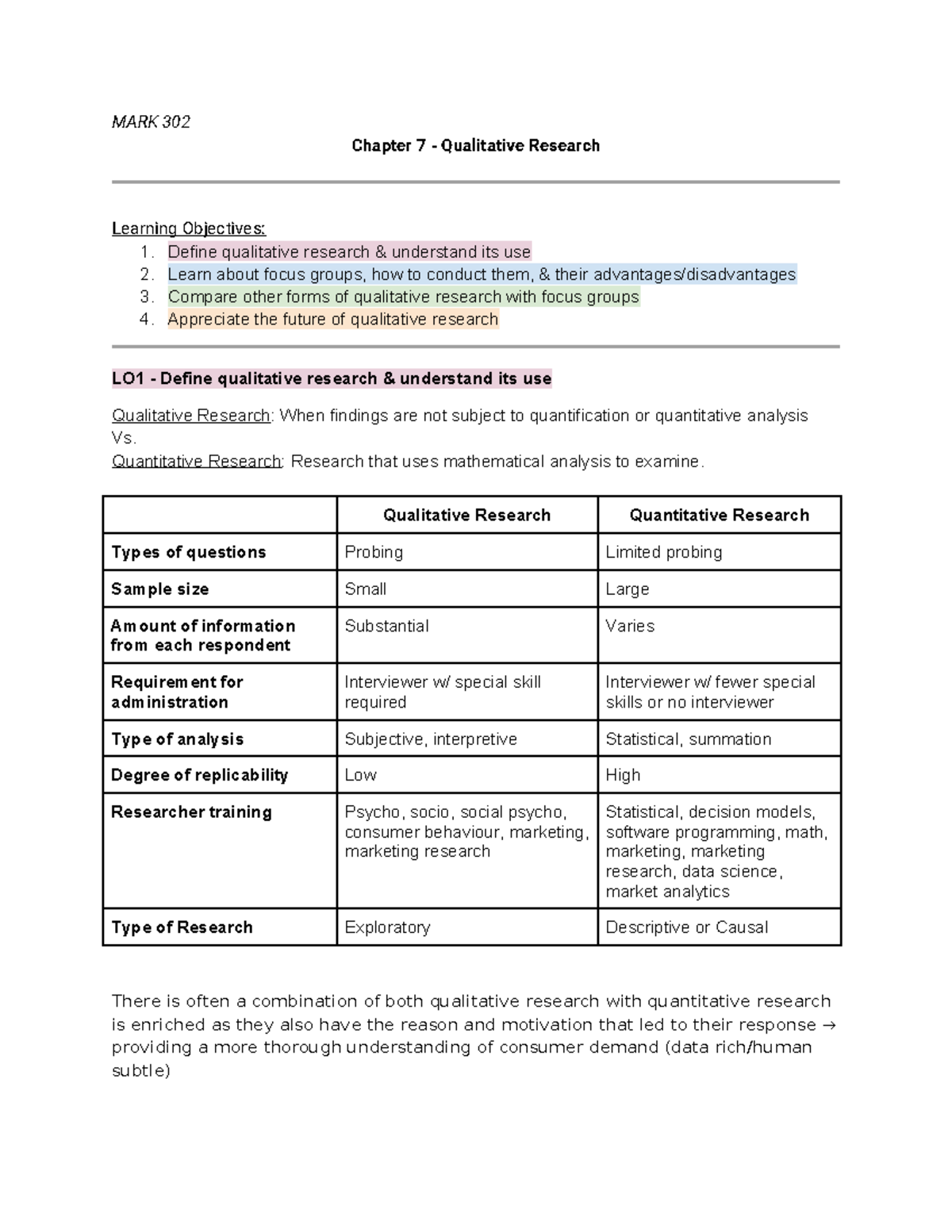 MARK 302 - Chapter 7 - MARK 302 Chapter 7 - Qualitative Research Learning Objectives: Define ...