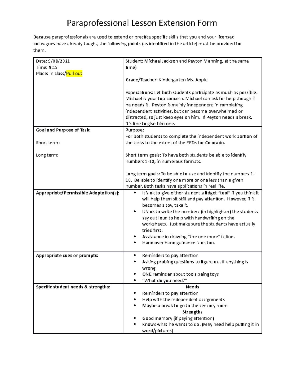 Paraeducator Extension Plan Math Modification - Paraprofessional Lesson ...