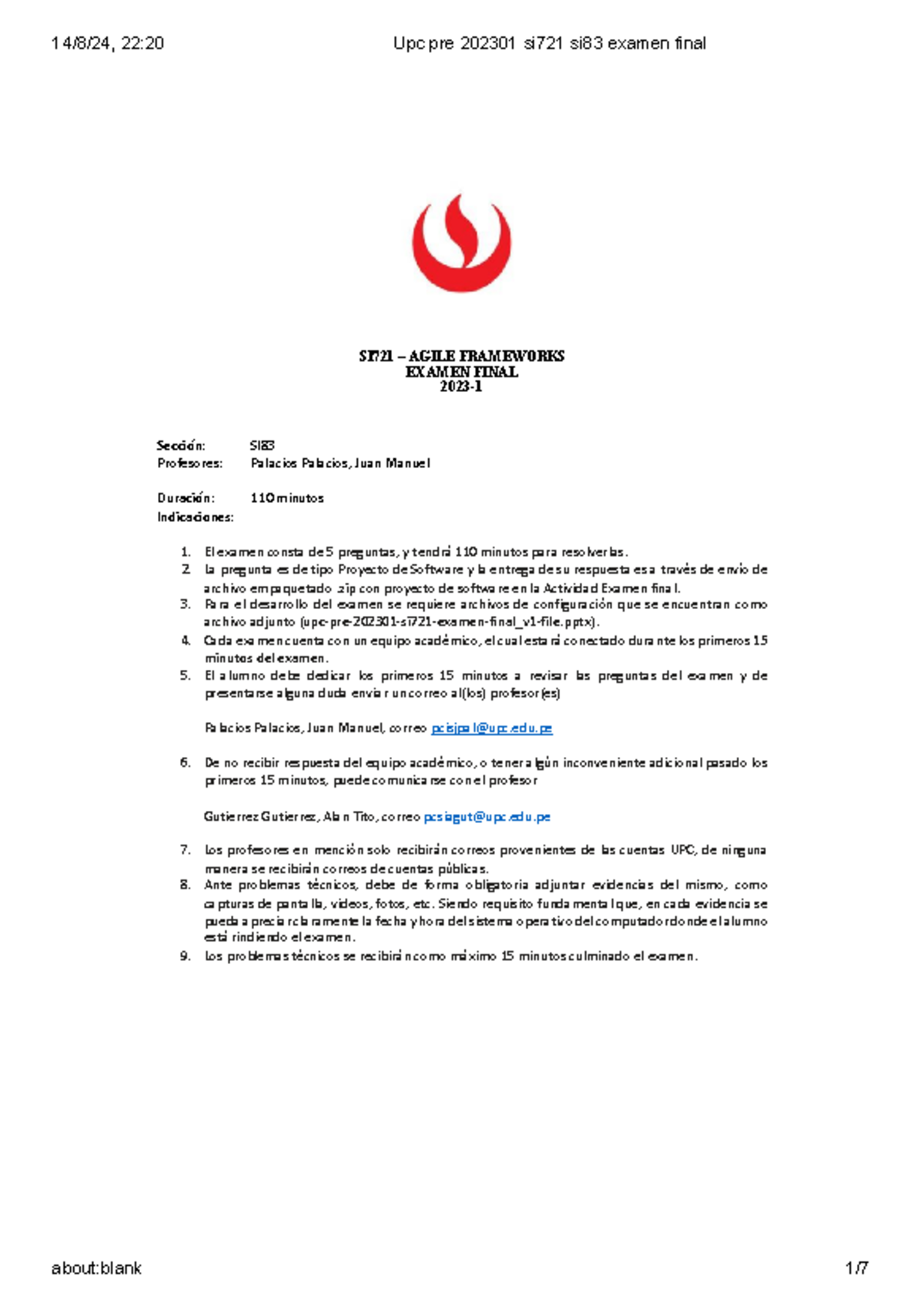 Upc pre 202301 si721 si83 examen final - SI721 – AGILE FRAMEWORKS EXAMEN FINAL 2023- Sección: SI ...