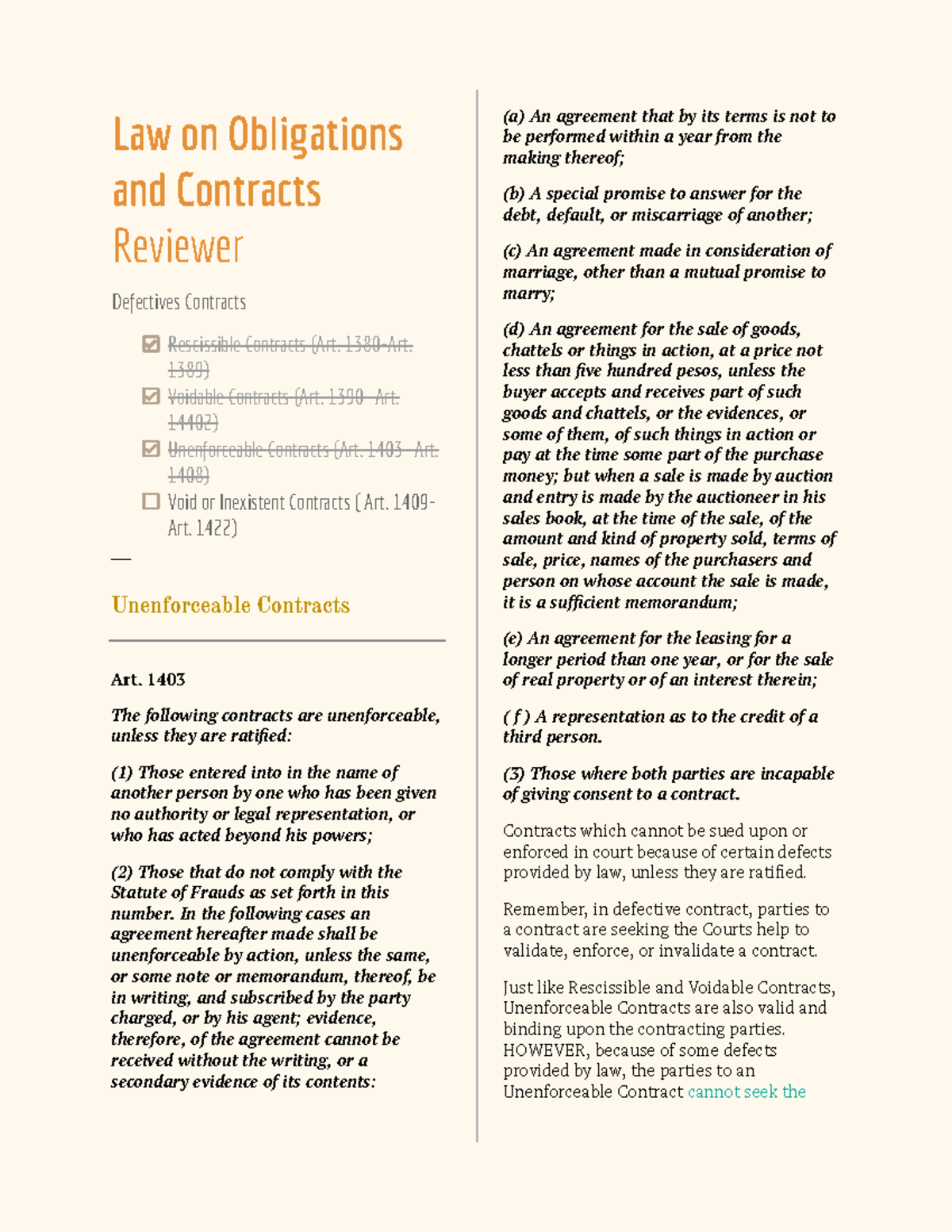 Unenforceable Contracts - Law on Obligations and Contracts Reviewer Defectives Contracts ...
