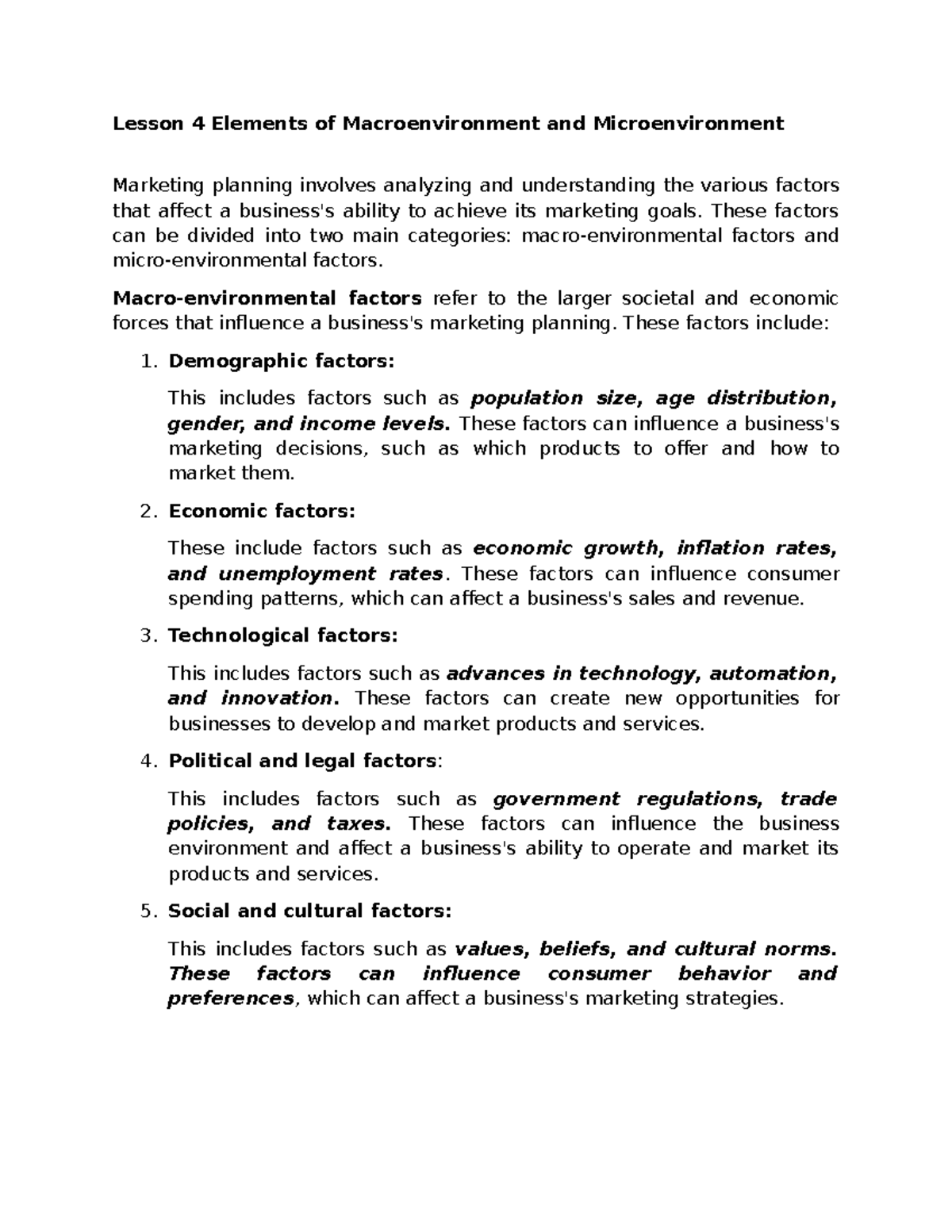 Lesson 4 Elements of Macroenvironment and Microenvironment - Lesson 4 ...