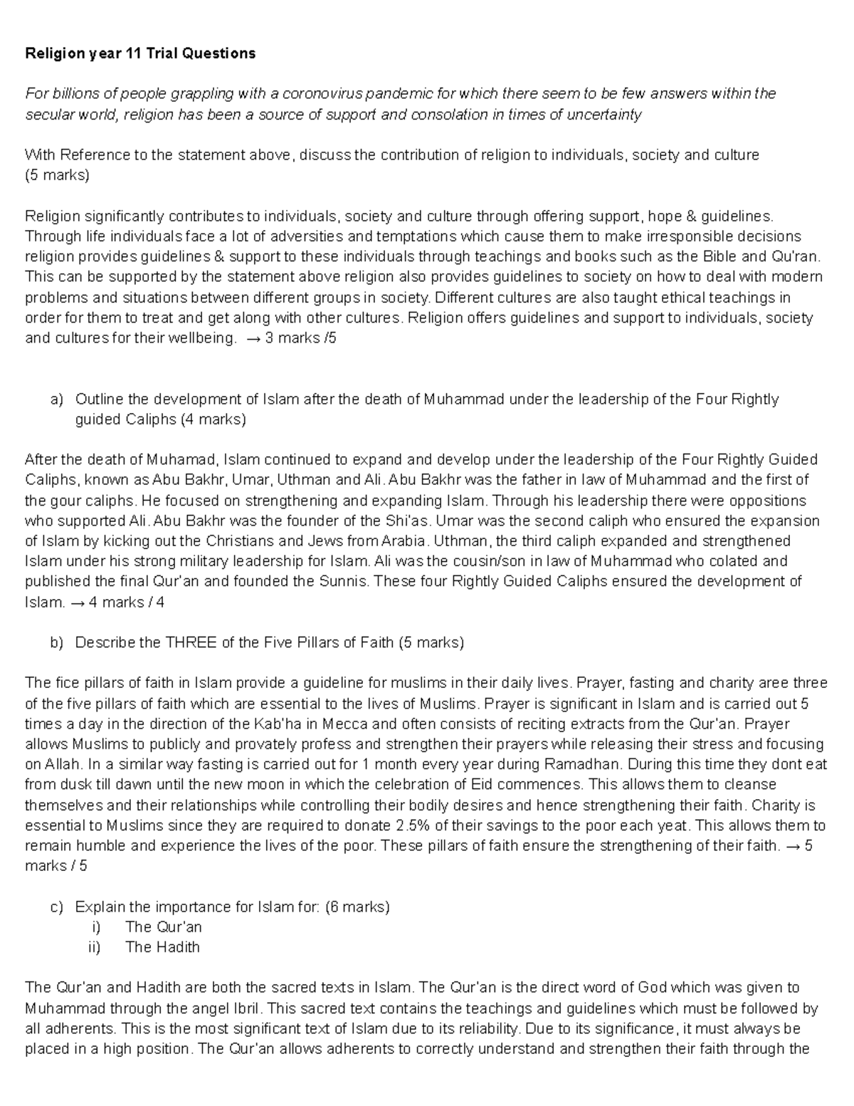 Religion year 11 Trial Questions - Religion year 11 Trial Questions For ...