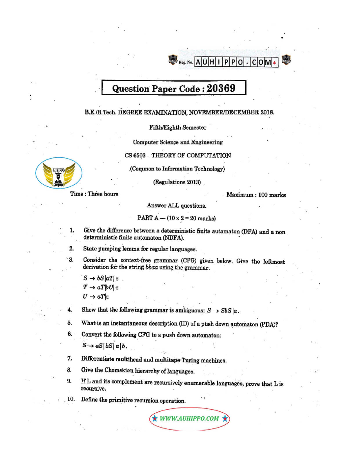 CS6503 NOV DEC 2018 - use it - Theory of computation - Studocu