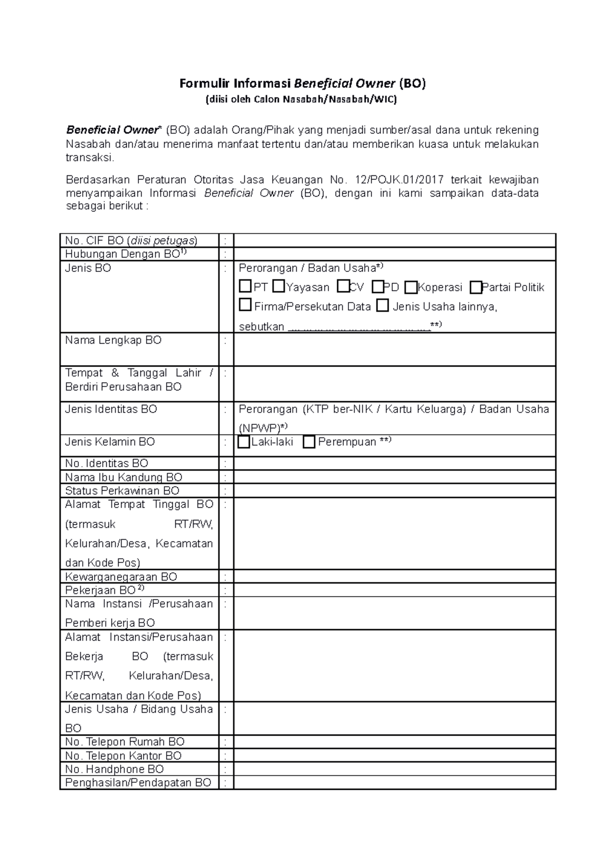 Formulir Beneficiary Owner - Formulir Informasi Beneficial Owner (BO) (diisi oleh Calon - Studocu