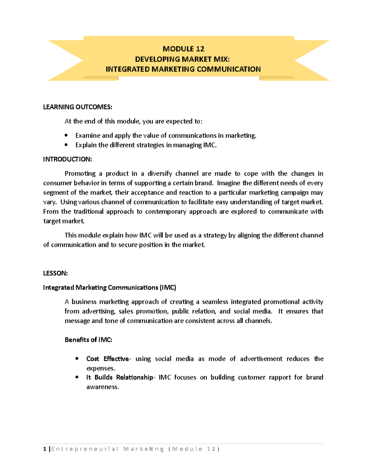 Entrep Marketing Module 12 - MODULE 12 DEVELOPING MARKET MIX ...